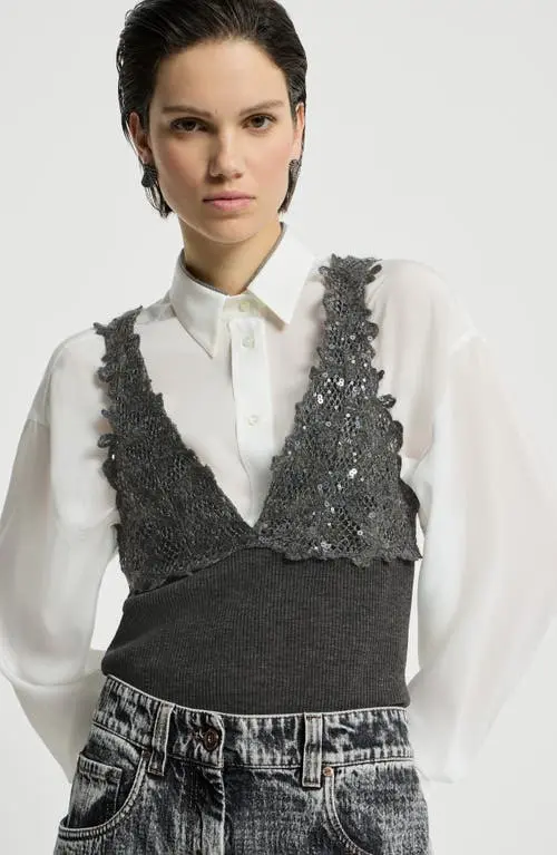 Brunello Cucinelli Ribbed Wool Jersey Top With Dazzling Lace Embroidery
