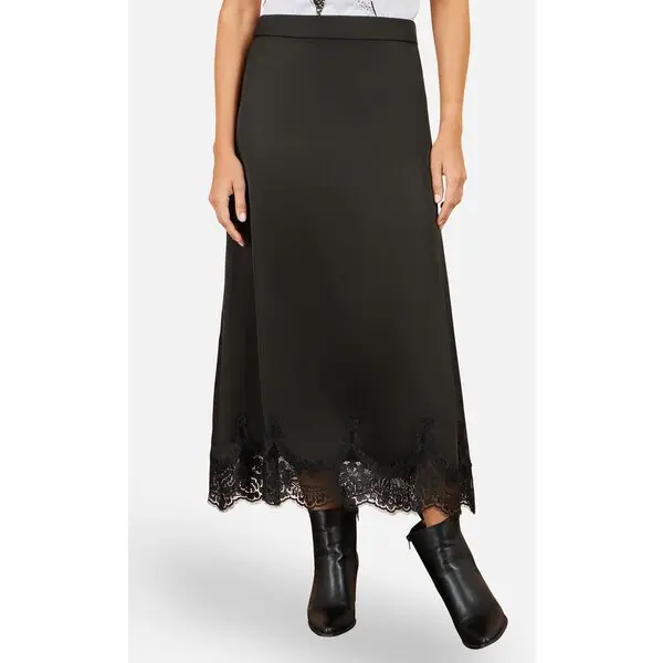 YUMI Lace Trim Satin Midi Skirt - Black