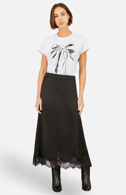YUMI Lace Trim Satin Midi Skirt