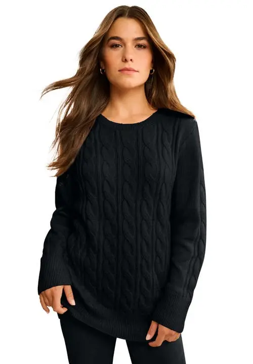 Roaman's Cozy Cable Crewneck Sweater - Black