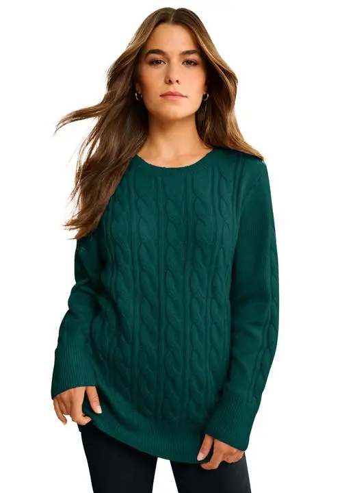 Roaman's Cozy Cable Crewneck Sweater - Emerald Green