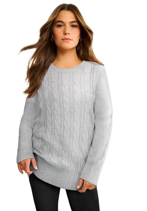Roaman's Cozy Cable Crewneck Sweater - Heather Grey