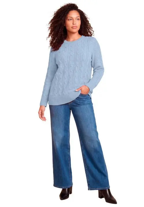 Roaman's Cozy Cable Crewneck Sweater - Pale Blue