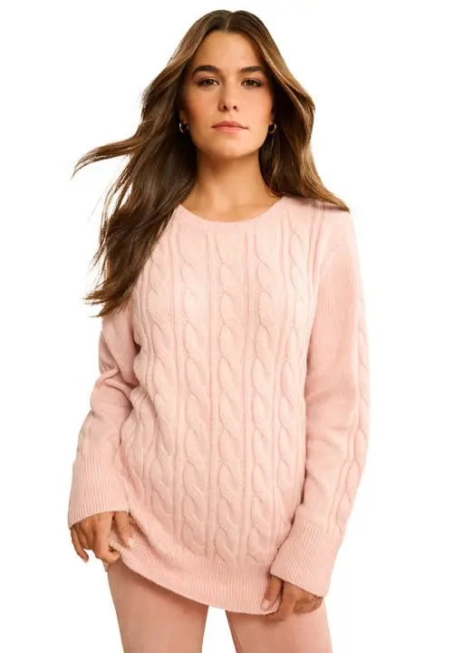 Roaman's Cozy Cable Crewneck Sweater - Soft Blush