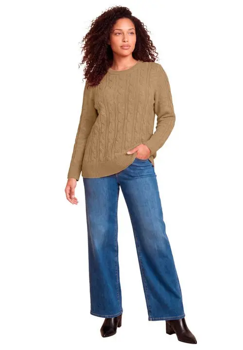 Roaman's Cozy Cable Crewneck Sweater - Soft Camel