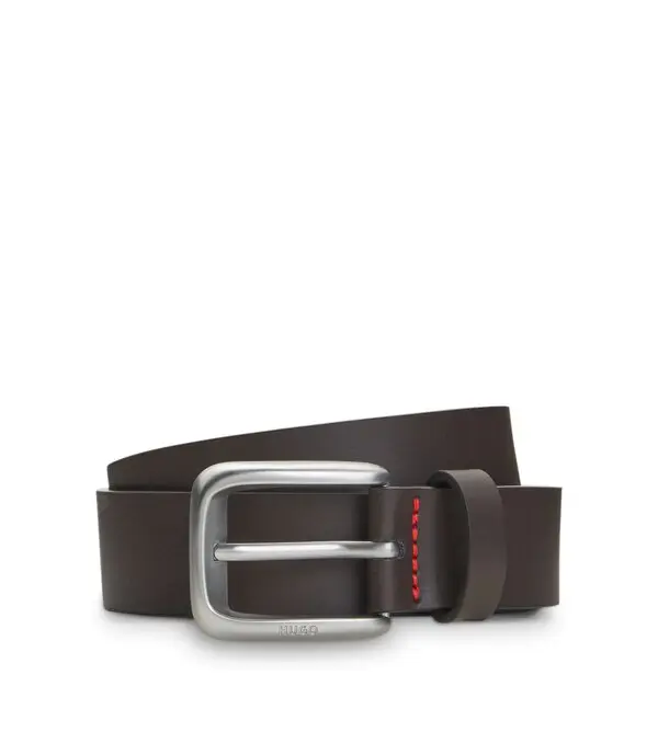 Hugo Leather Dress Belt With Logo-engraved Buckle - Dark Brown