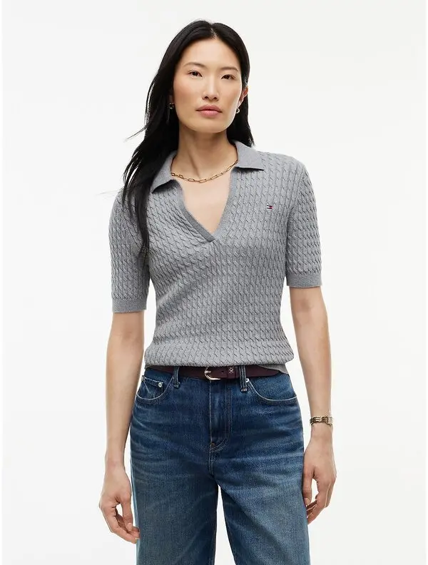 Tommy Hilfiger Short-sleeve Cable Knit Sweater Polo - Medium Grey Heather