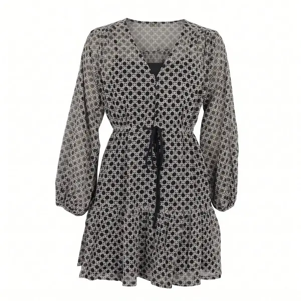 MODENAIRE Polka Dot Embroidered Lace Dress With V-neck & Tie Waist - Black