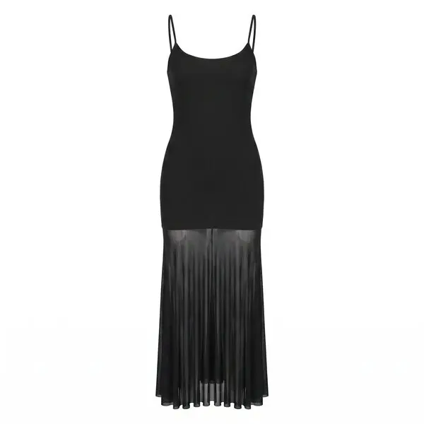MODENAIRE Sheer Mesh Maxi Dress With Spaghetti Straps & A Fitted Silhouette