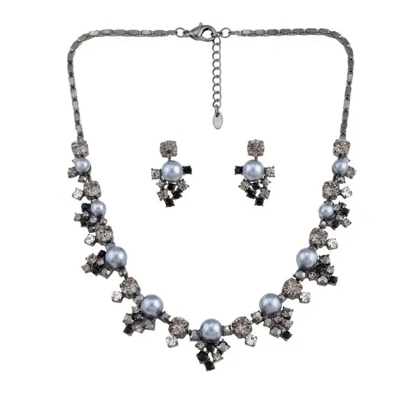 MODENAIRE Faux Pearl Crystal Statement Necklace And Earring Set - Black