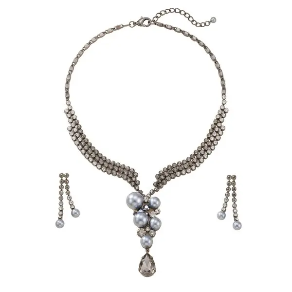 MODENAIRE Pearl Crystal Trickling Necklace And Earring Set