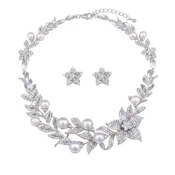 MODENAIRE Pearl Crystal Sharp Petal Necklace And Earring Set