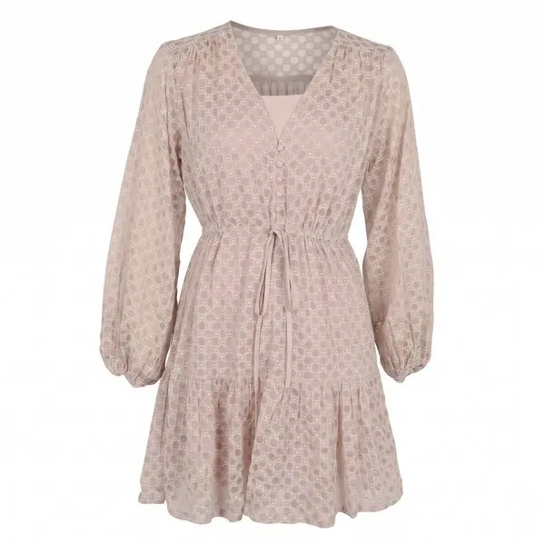 MODENAIRE Polka Dot Embroidered Lace Dress With V-neck And Tie Waist - Pink