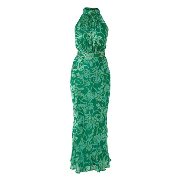 SACHA DRAKE Tessa Halter Bias Dress In Aqua Floral - Green