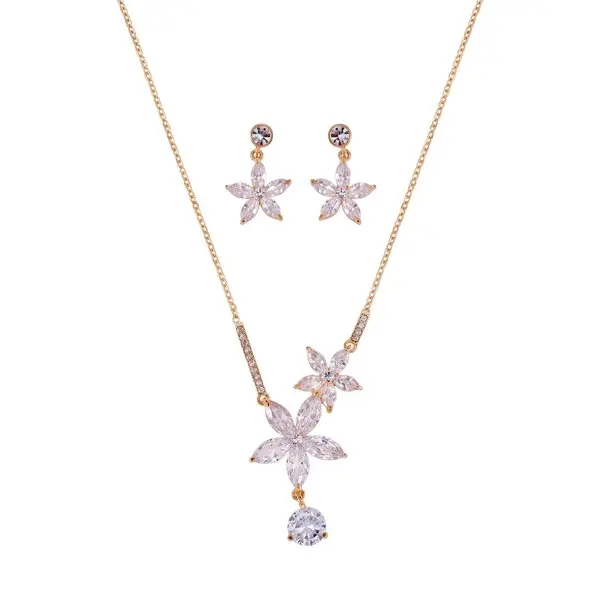 MODENAIRE White / Gold Flower Crystal Necklace Earrings Set