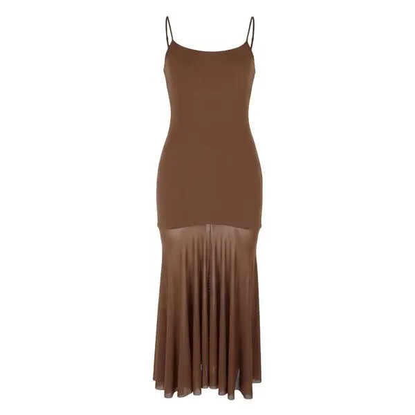 MODENAIRE Sheer Mesh Maxi Dress With Spaghetti Straps - Brown