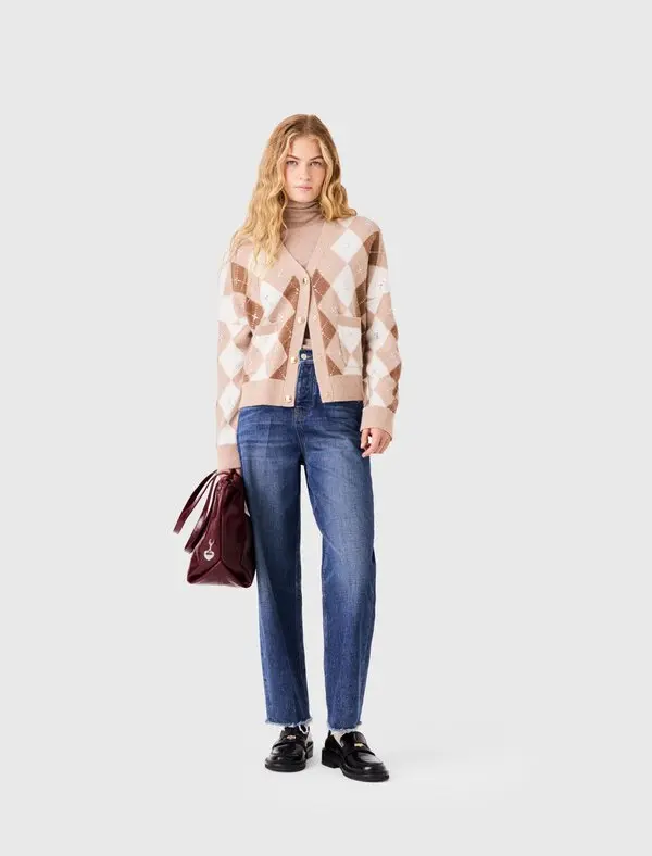 Maje Rhinestone Argyle Cardigan - Beige