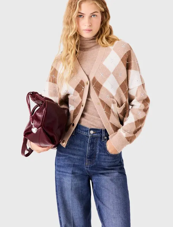 Maje Rhinestone Argyle Wool Cardigan