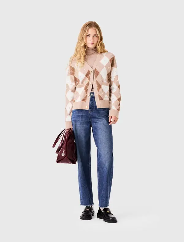 Maje Rhinestone Argyle Wool Cardigan - Beige
