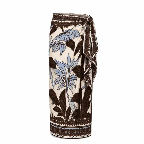 Loveist Store Adenium Botanical Print Jacquard Satin Pareo Scarf - Blue/brown/white