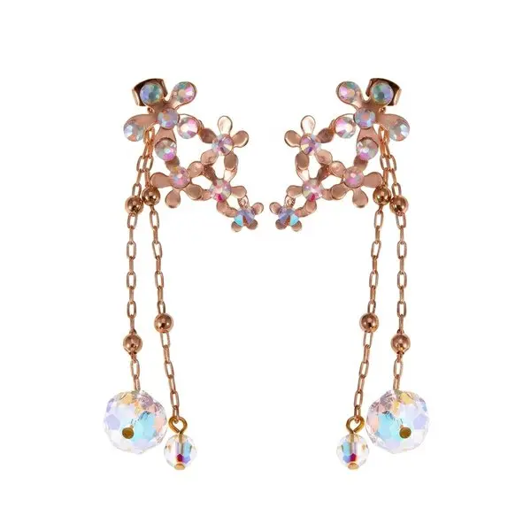 MODENAIRE Crystal Flower Drop Earrings With Dangle Chains