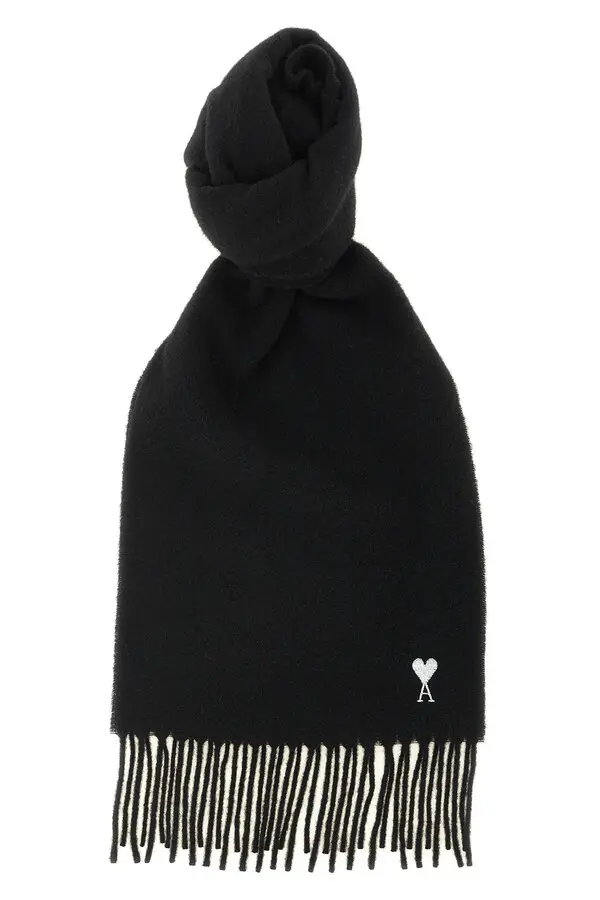 AMI Paris Quota' Scarf With Adc Embroidery And Fringes - Black