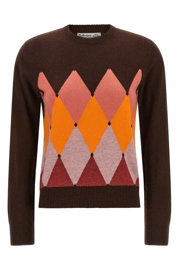 BALLANTYNE Crewneck Sweater With Diamond Intarsia - Brown