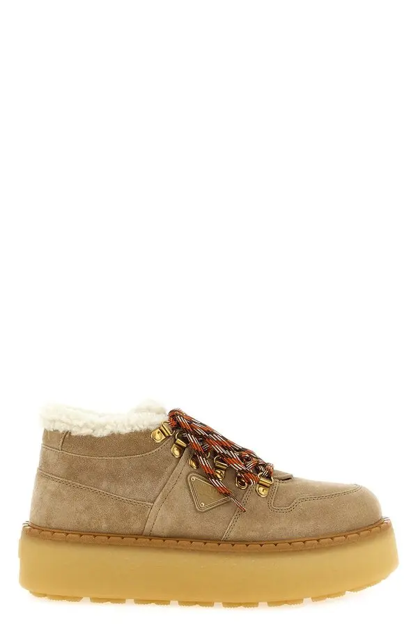 Prada Lace-up Ankle Boots With Shearling - Beige