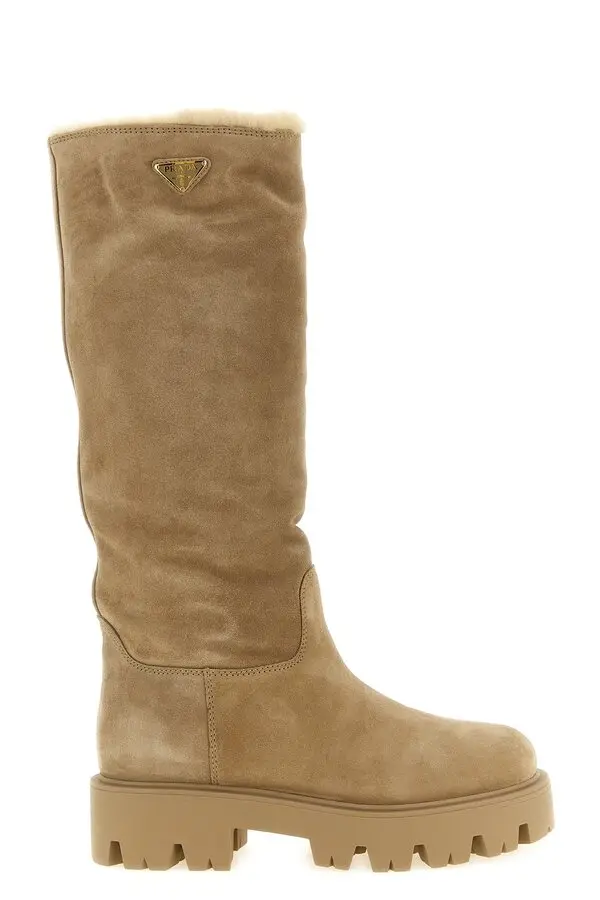 Prada High Suede Boots With Logo - Beige