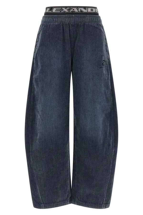 Alexander Wang Wide Leg Denim Pants With Jacquard Logo Waistband - Black