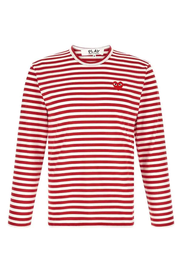 Play Comme Des Garcon Striped T-shirt With Heart Patch - White