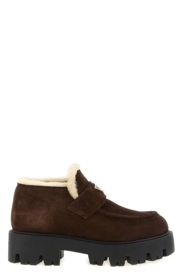 Prada Loafers With Fur And Enamel Logo - Brown
