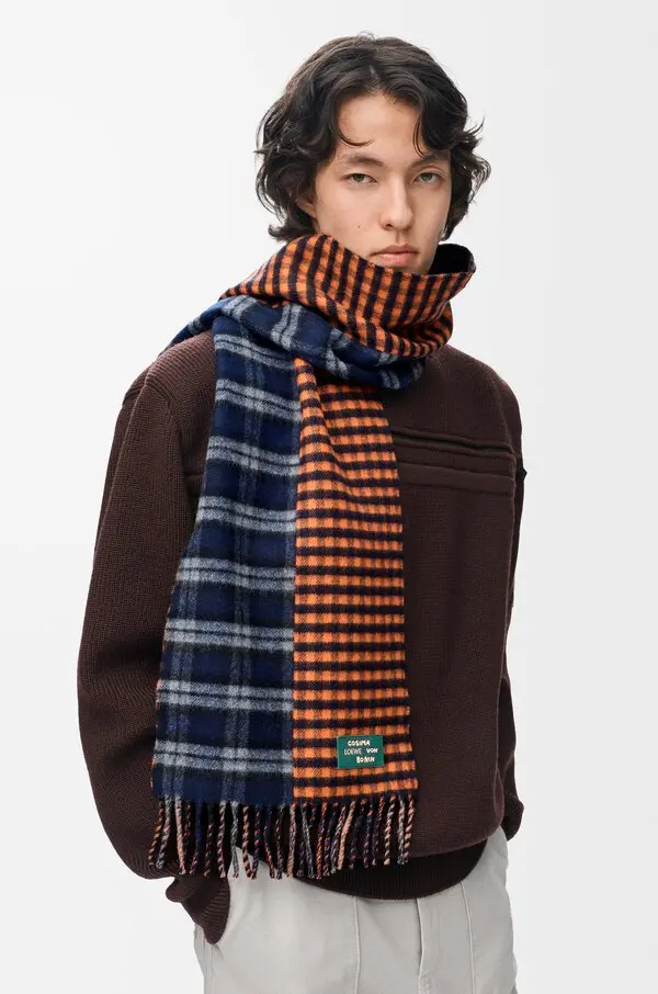Loewe Scarf In Wool And Cashmere Blend - Navy Blue/orange