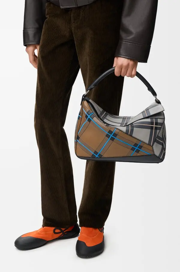 Loewe Large Puzzle Bag In Check Intarsio - Bronze/grey