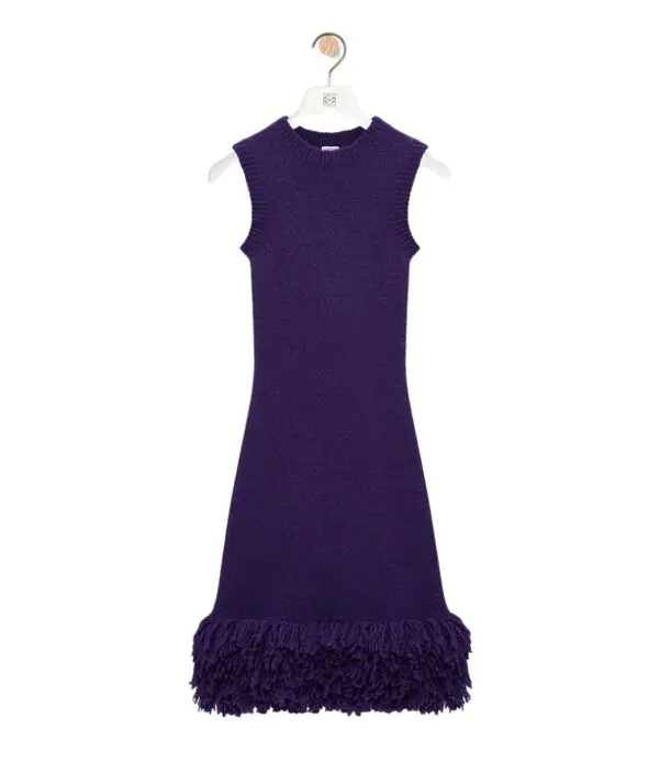Loewe Wool Blend Knit Dress With Fur Stitch Trim - Purple