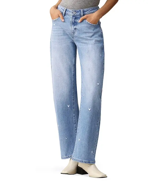 BAYEAS Floral Embroidered Mid Rise Barrel Denim Jeans In Medium - Blue