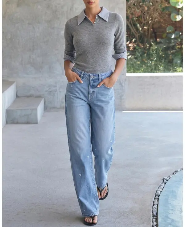 BAYEAS Floral Embroidered Mid Rise Barrel Denim Jeans In Medium