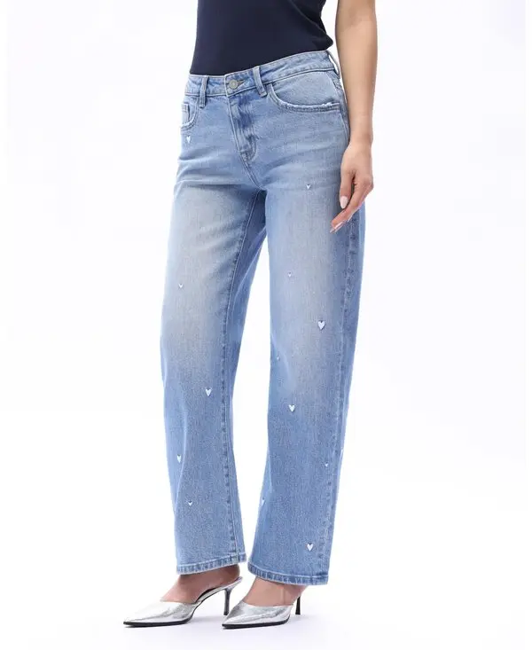 BAYEAS Floral Embroidered Mid Rise Barrel Denim Jeans In Medium