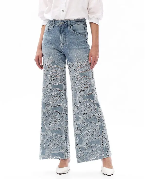 BAYEAS Floral Embroidered Wide Leg Rhinestone Jeans - Blue