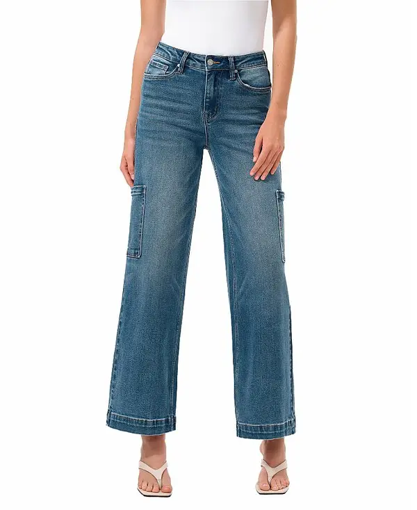 BAYEAS High Rise Wide Leg Jeans With Side Patch Pockets - Blue