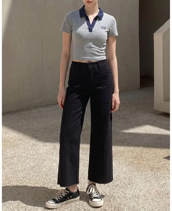 BAYEAS High Rise Wide Leg Vertical Front Seam Raw Hem Denim Jeans