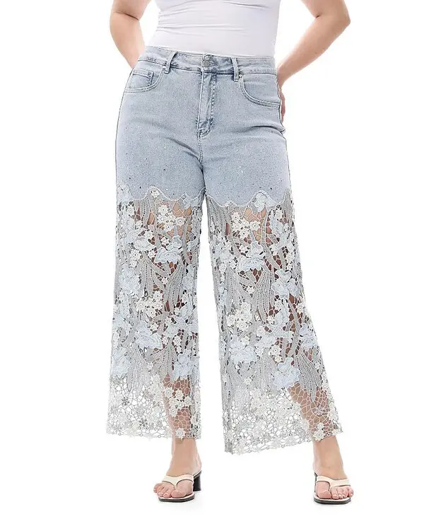 BAYEAS Plus Embroidery Wide Leg Lace Jeans With Rhinestone In Wash - Lesley Blue