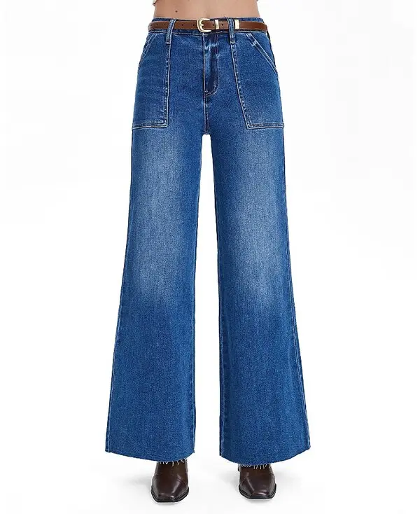 BAYEAS Embroidered High Rise Wide Leg Raw Hem Denim Jeans In Dark Indigo - Blue
