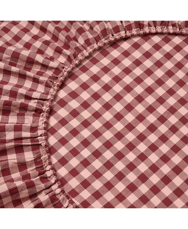 PIGLET IN BED Pembroke Gingham Linen Blend Fitted Sheet, Twin - Rhubarb/rose
