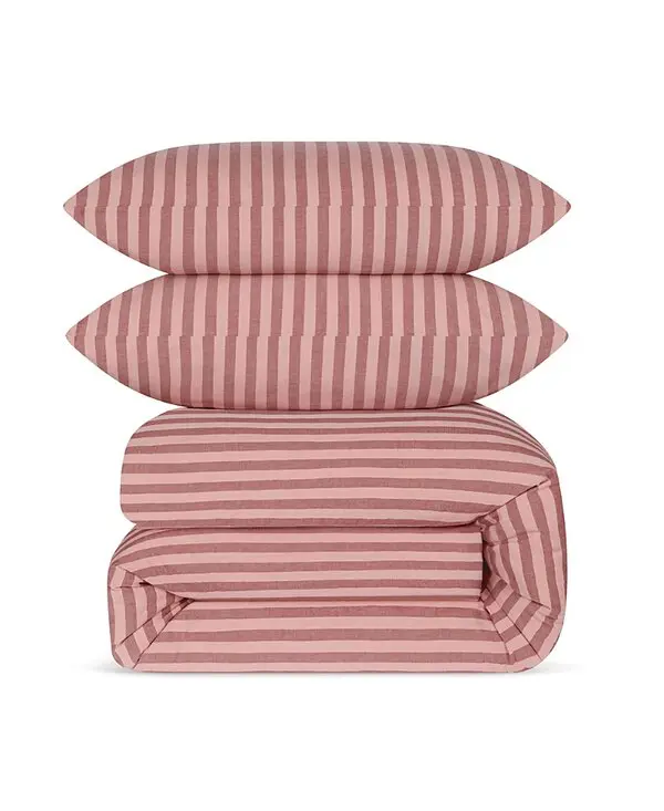 PIGLET IN BED Pembroke Stripe Cotton Duvet Set, Queen - Rhubarb/rose