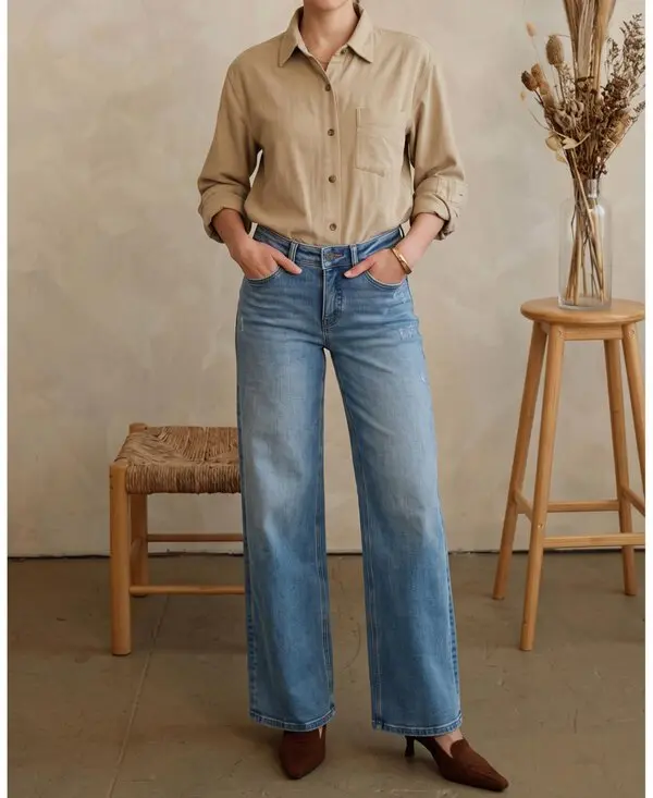 BAYEAS Mid Rise Wide Leg Denim Jeans Stretch Comfortable In Medium