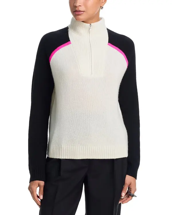 Aqua Half Zip Mock Neck Cashmere Sweater Exclusive - Ivory/black/pink