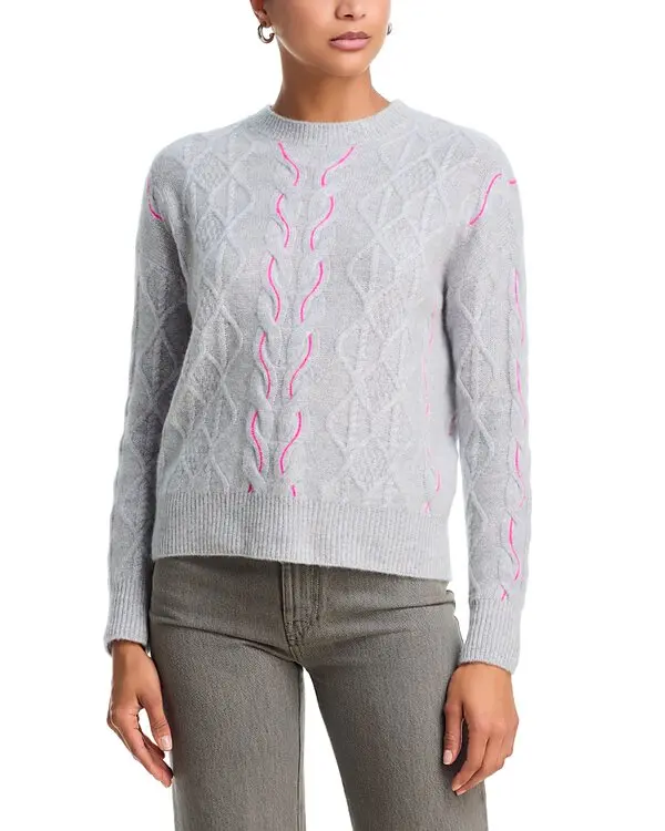 Aqua 100% Cashmere Crewneck Cable Knit Sweater Exclusive - Light Grey/ Pink
