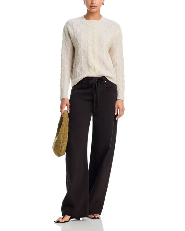 Aqua 100% Cashmere Crewneck Cable Knit Sweater Exclusive - Oatmeal/yellow