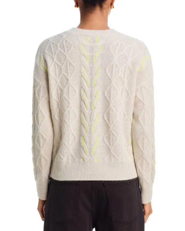 Aqua 100% Cashmere Crewneck Cable Knit Sweater Exclusive - Oatmeal/yellow